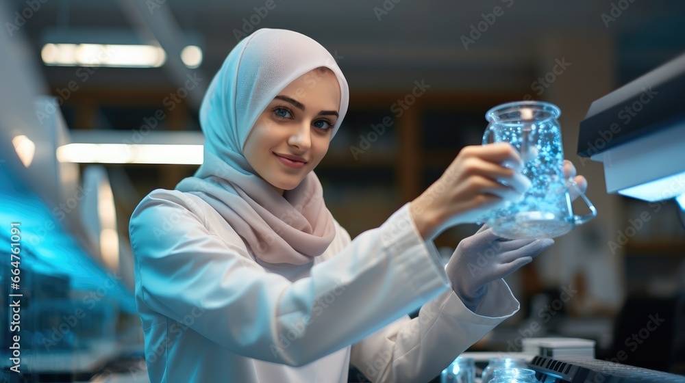 Muslim woman chemistry student wear dress hijab is research and ...