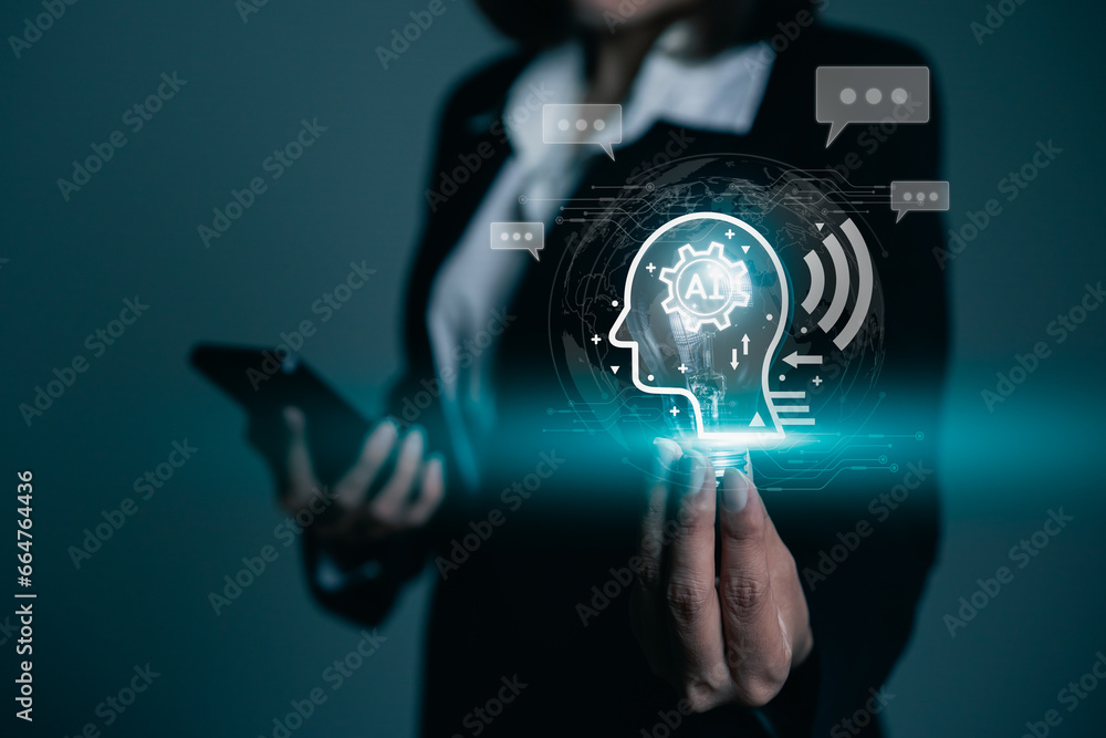Businesswoman hold light bulb and smartphone mobile phone with digital ...