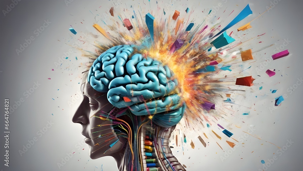 Concept art of a human brain exploding with knowledge and creativity ...