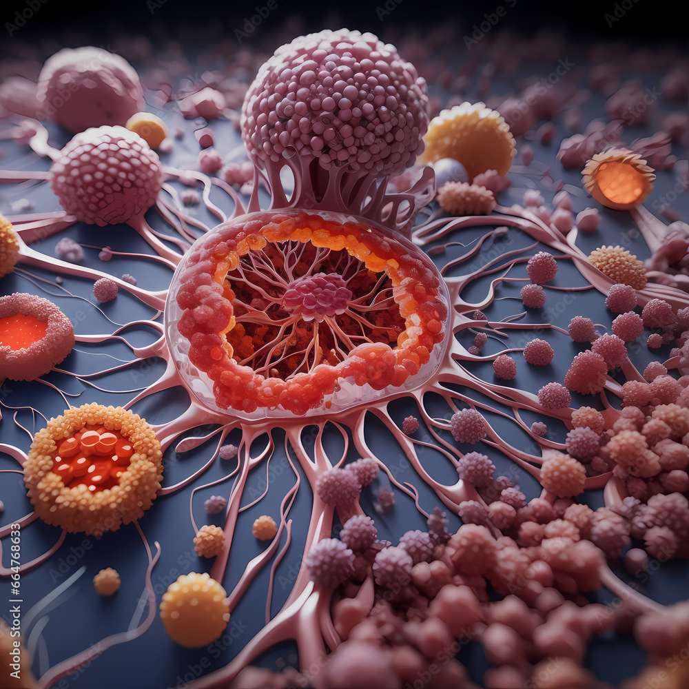 Cancer malignant cells. Bacteria molecules. Abnormal modifying ...