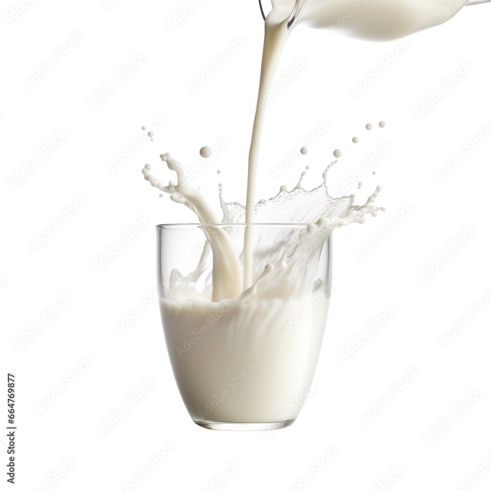 Milk pouring splashing in glass isolated on transparent background ...