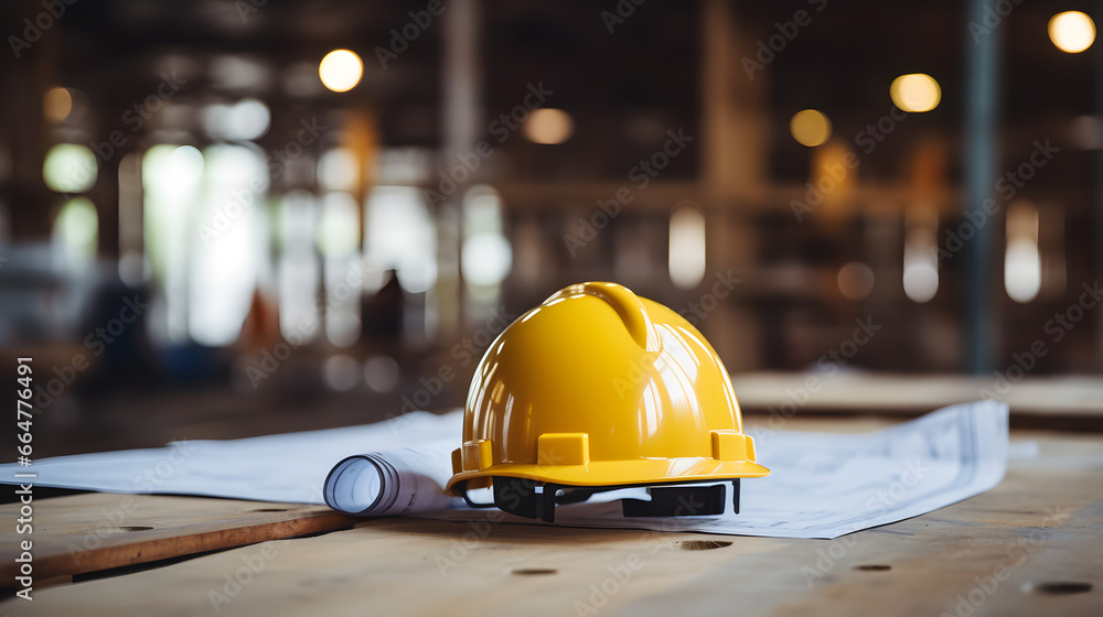 The white, blue and yellow safety helmet stacking on table with the ...