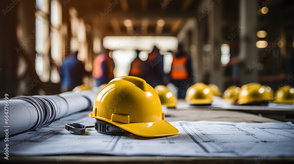 The white, blue and yellow safety helmet stacking on table with the ...