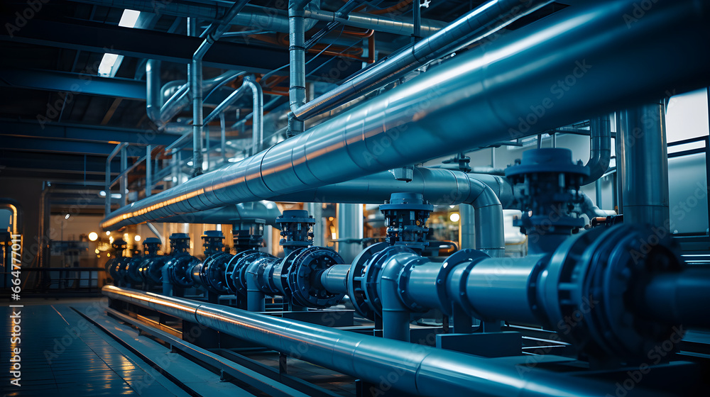 Top view of steel water piping structure with circulation pumps and ...