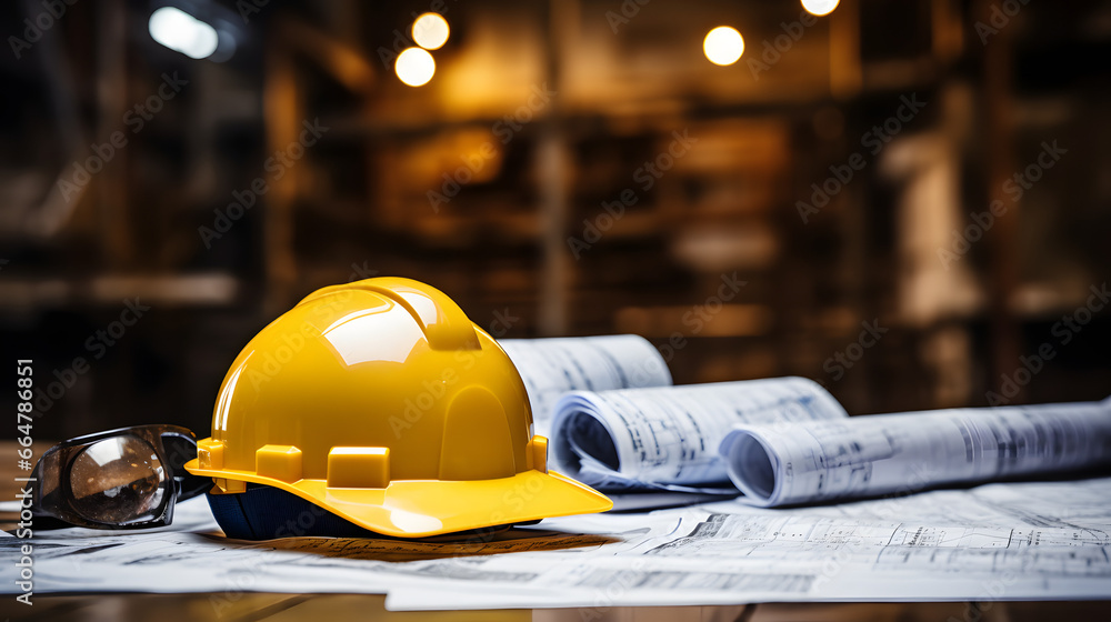 The white, blue and yellow safety helmet stacking on table with the ...