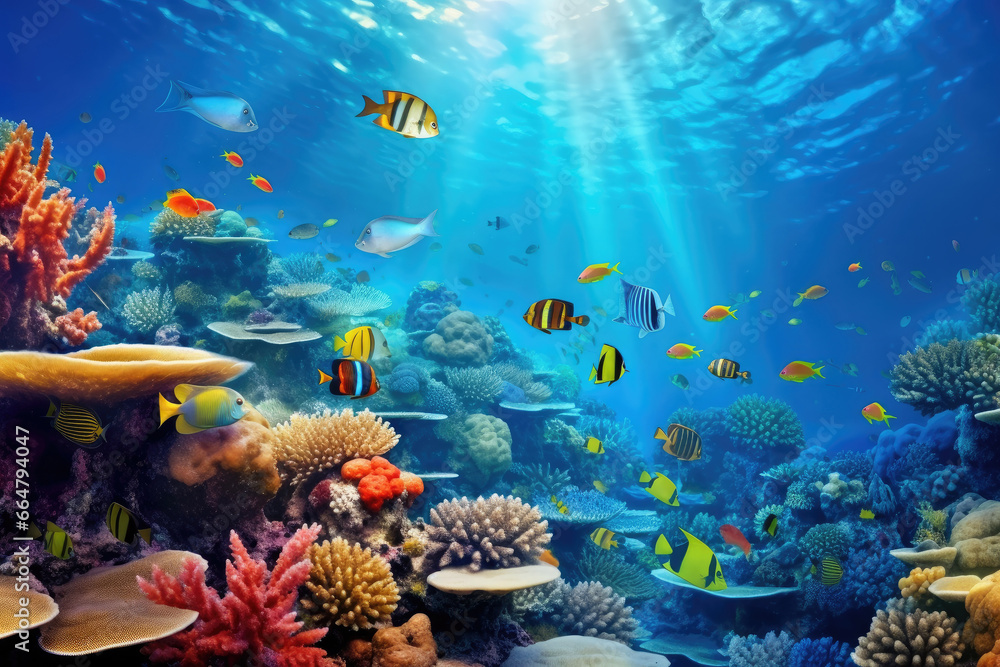Underwater with colorful sea life fishes and plant at seabed background ...