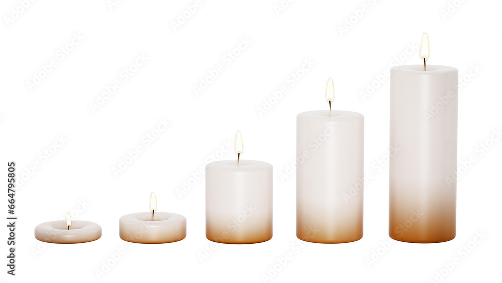 Lit candles in different sizes isolated on transparent background. 3D ...
