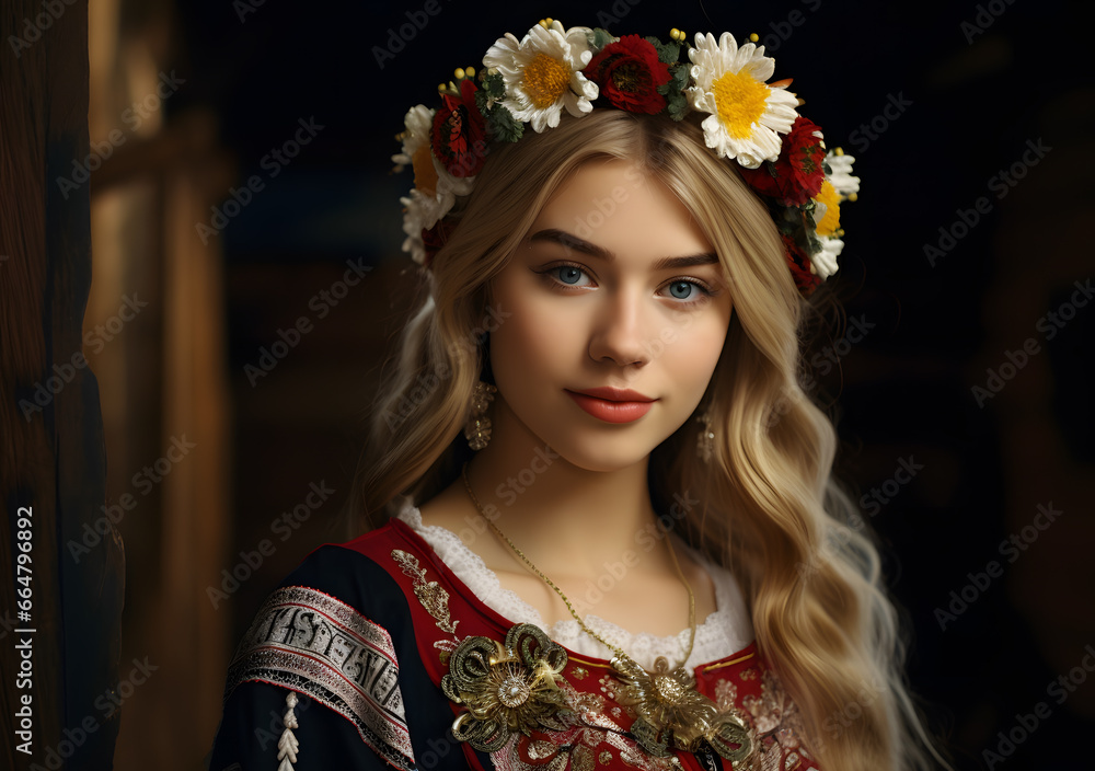 Beautiful portrait of Slavic woman in traditional dress. Russian ...