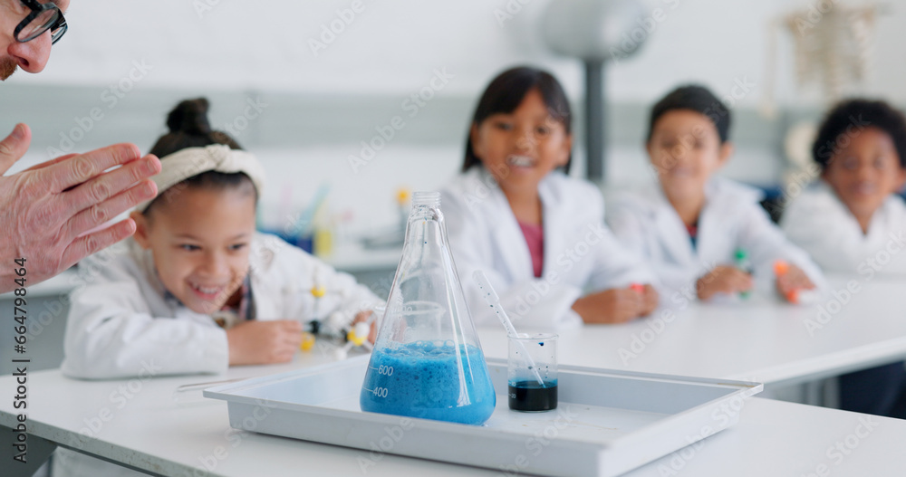 School kids, science and teacher with beaker in class for learning ...