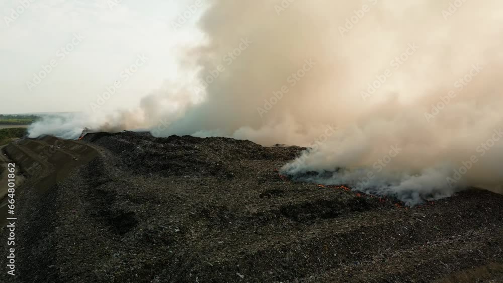 Aerial view of an environmental disaster fire at a large plastic waste ...