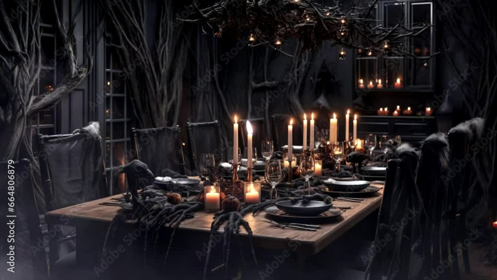 horror dining room interior, seamless looping video background ...