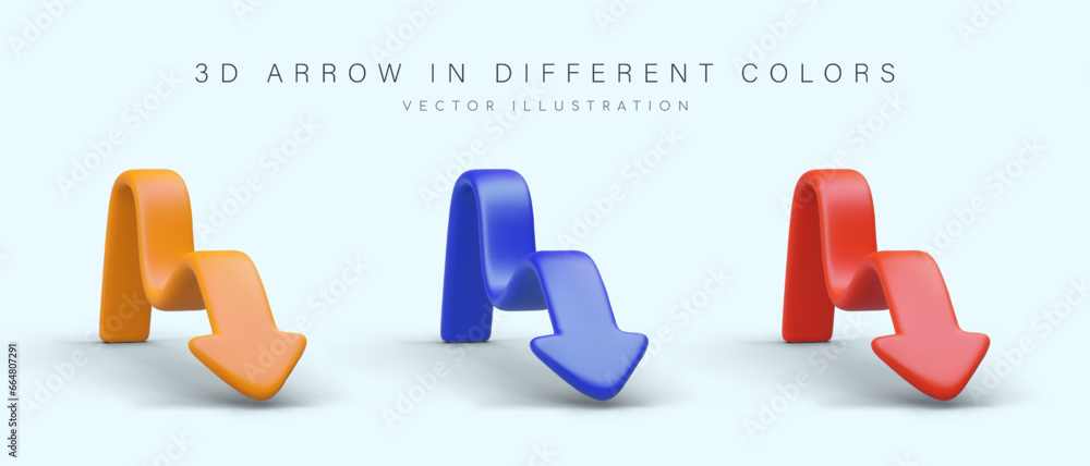 Set of 3D flexible arrows of different colors with shadows. Curved ...