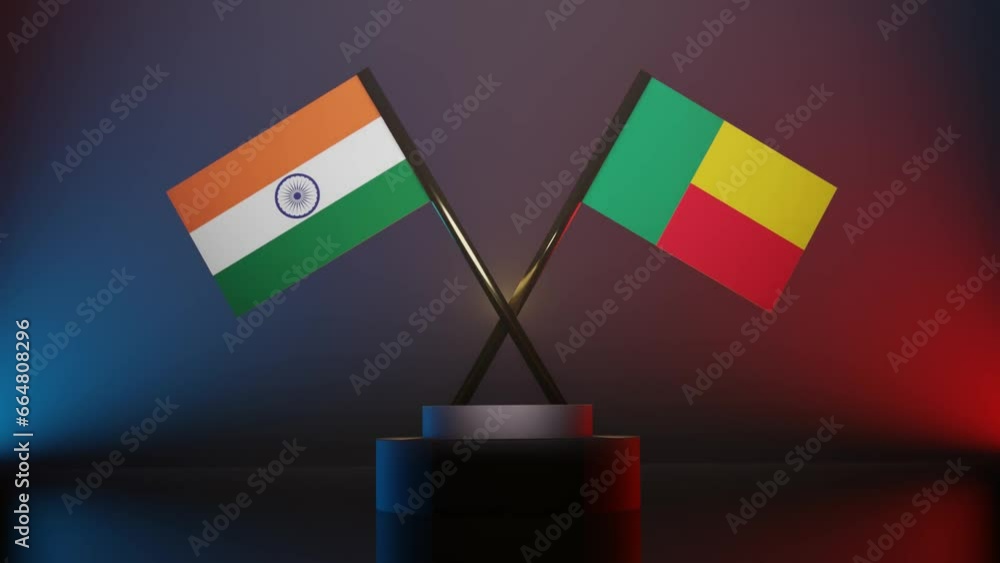 Benin And India Flags Crossed Together in dark blue and red Background ...