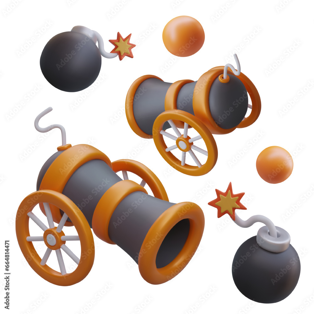 Collection of different ancient cannons on wheels and burning fuse ...