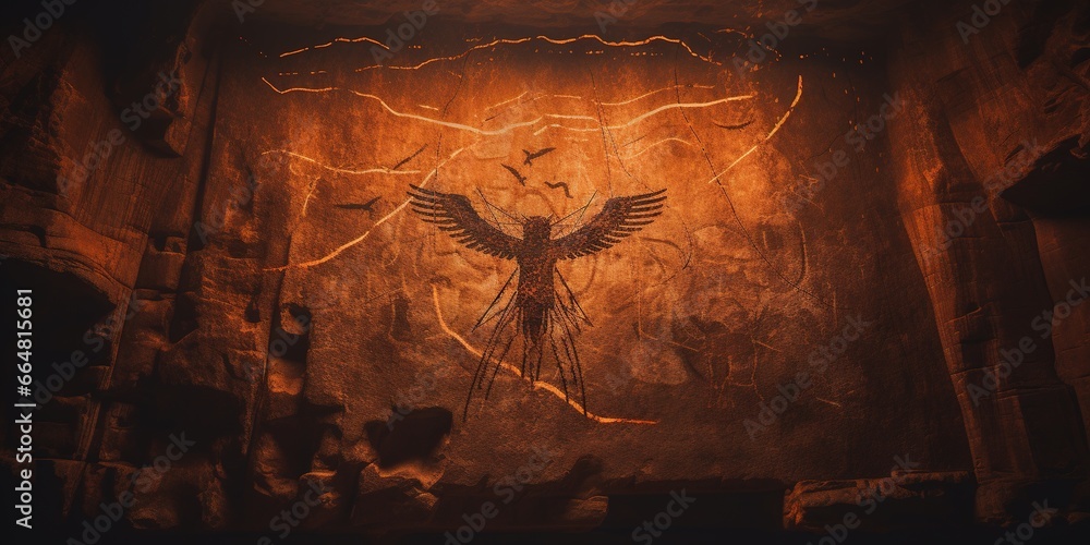 An ancient cave painting depicting the Thunderbird eagle, with symbols ...
