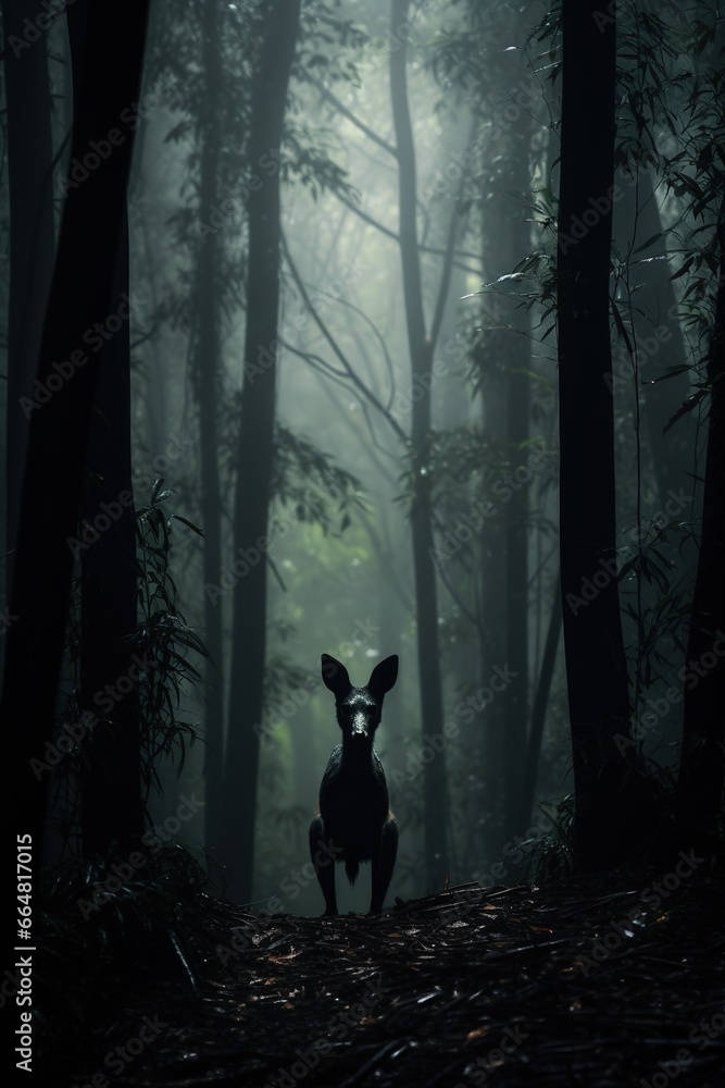 In a dense, misty forest, the Chupacabra lurks in the shadows, its form ...