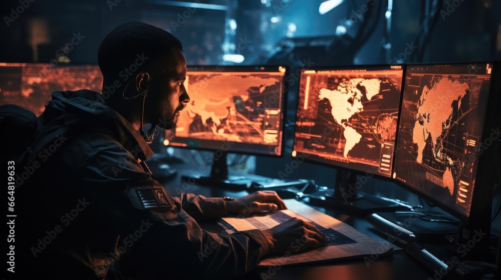 Soldier working on a tactical screen inside the command center. Stock ...