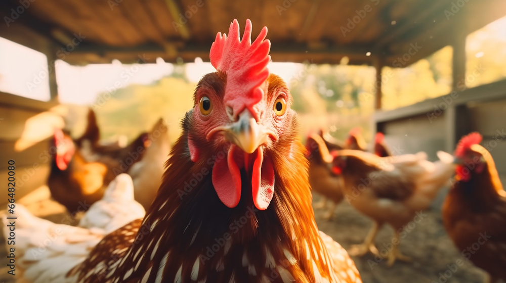 Poule dans son poulailler à la ferme, focus sur un animal avec d'autres ...