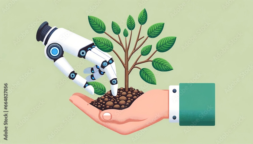A human and robot hand collaboratively planting a tree, denoting the ...