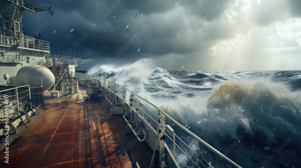 Foto de The deck of a ship is flooded with water during a storm. The ...