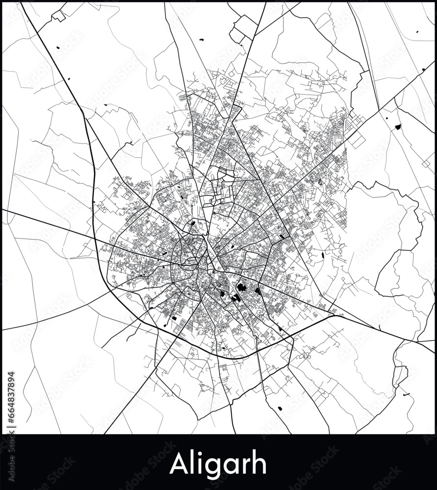 Aligarh Minimal City Map (India, Asia) black white vector illustration ...