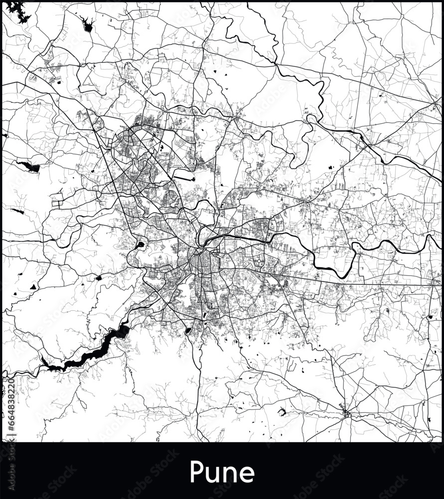 Pune Minimal City Map (India, Asia) black white vector illustration ...