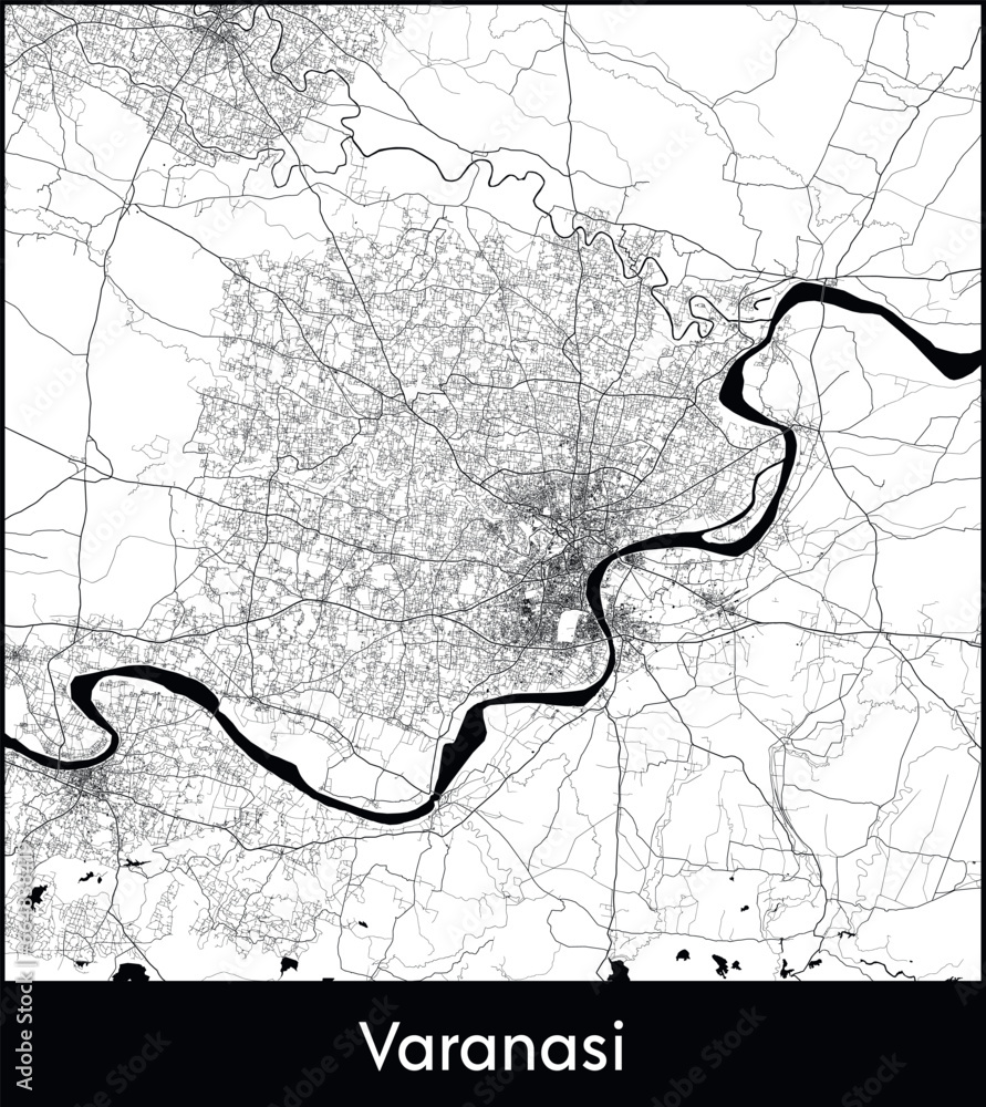 Varanasi Minimal City Map (India, Asia) black white vector illustration ...