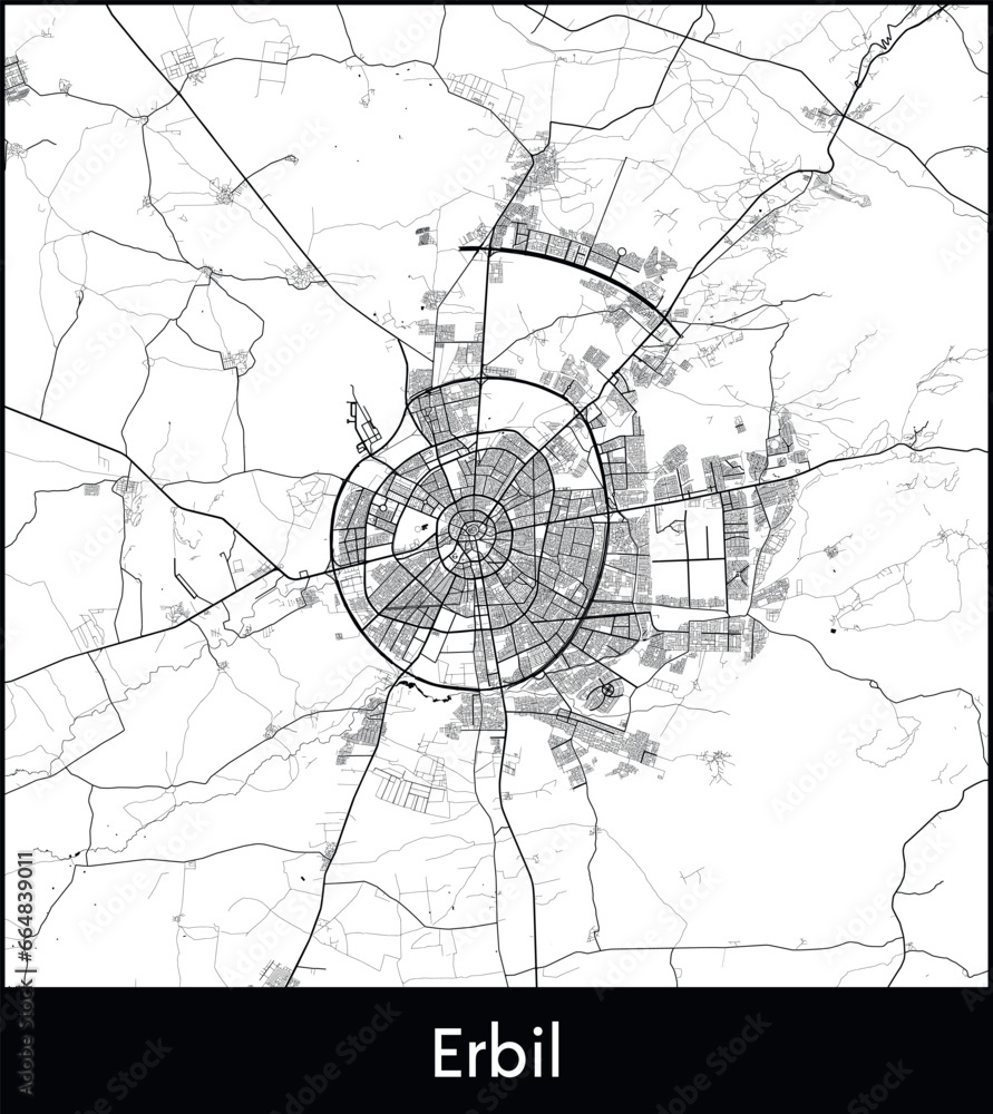 Erbil Minimal City Map (Iraq, Asia) black white vector illustration ...