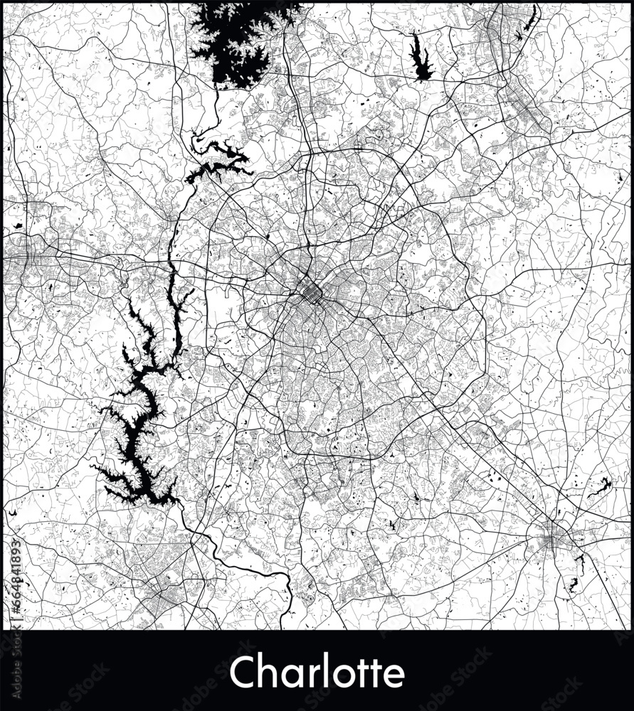 Charlotte Minimal City Map (United States, North America) black white ...
