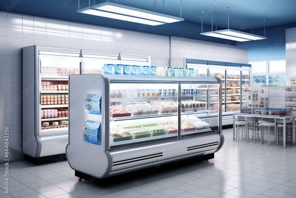 A 3D rendering of a refrigeration display showcasing a freezer ...