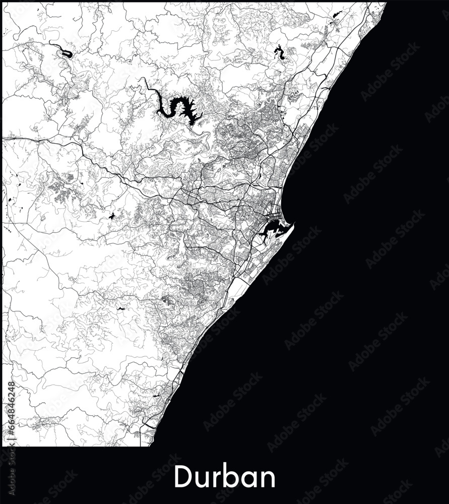 Durban Minimal City Map (South Africa, Africa) black white vector ...