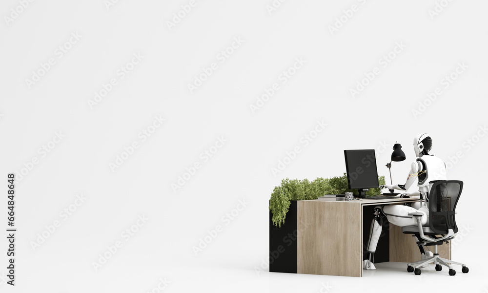 3D humanoid robot sitting at a work desk. Future concept without people with smart robotics ...