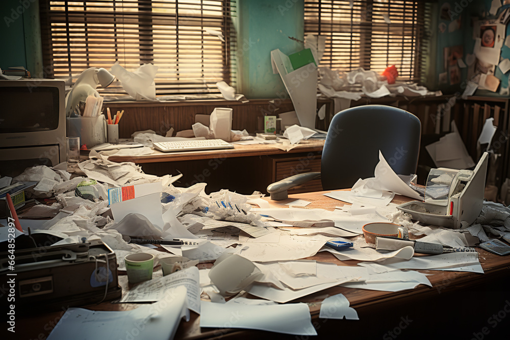 A cluttered workspace with no clear organization, giving an immediate ...