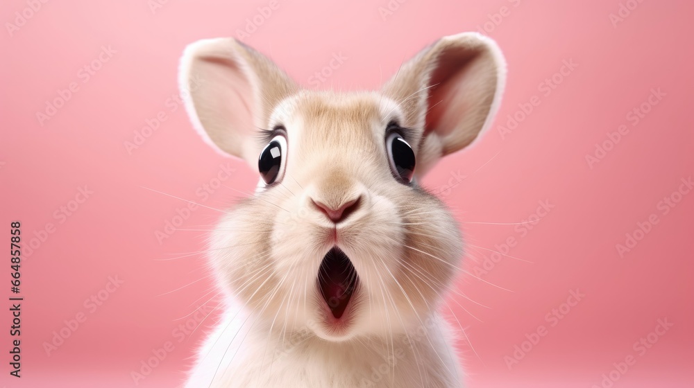 Shocked rabbit with big eyes isolated on pink background, cute and ...