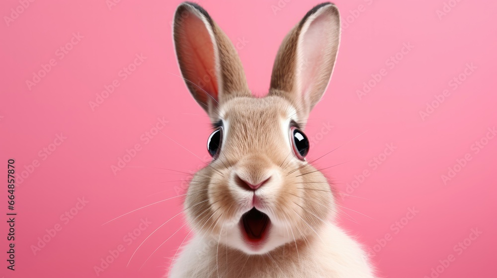Shocked rabbit with big eyes isolated on pink background, cute and surprised face, Studio ...