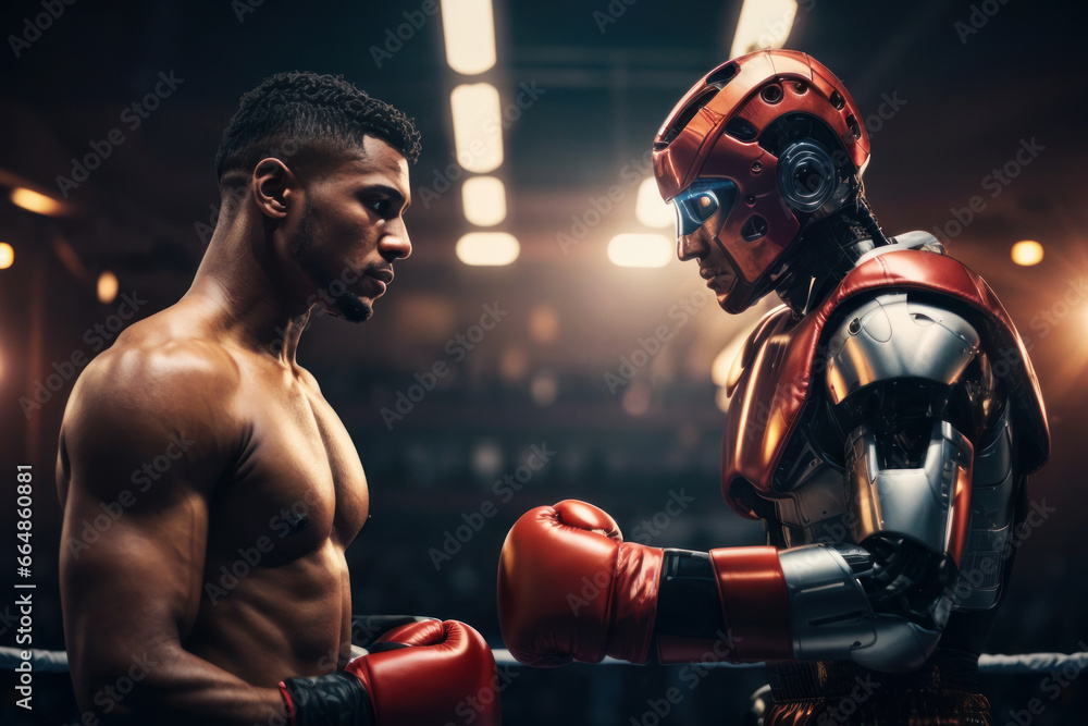 Boxers robot versus human in the ring. Confrontation between artificial ...