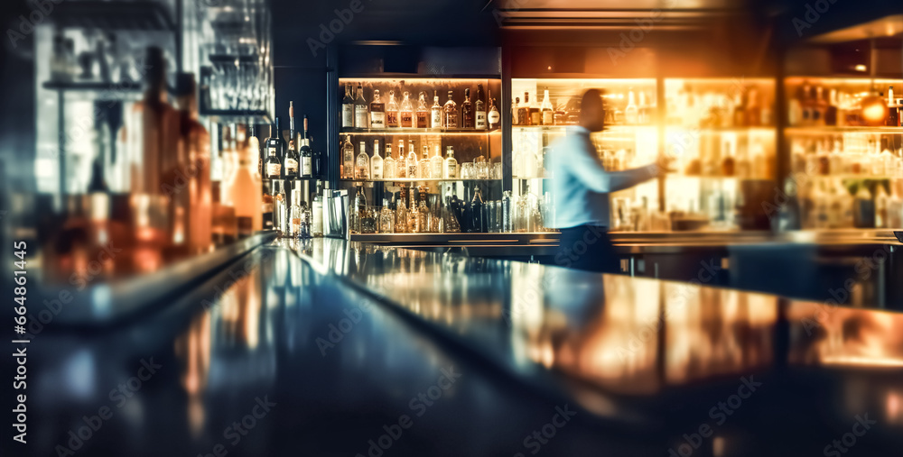 Blur shot of classic luxury counter bar drink.cocktail bartender with light gold bokeh ...