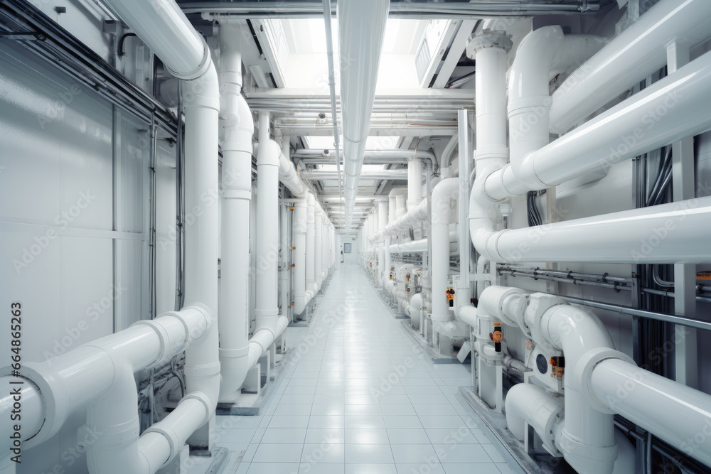 Empty industrial corridor with white pipeline Stock Photo | Adobe Stock