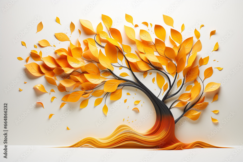 Serene beauty of an autumn tree as golden leaves rustle in the wind ...