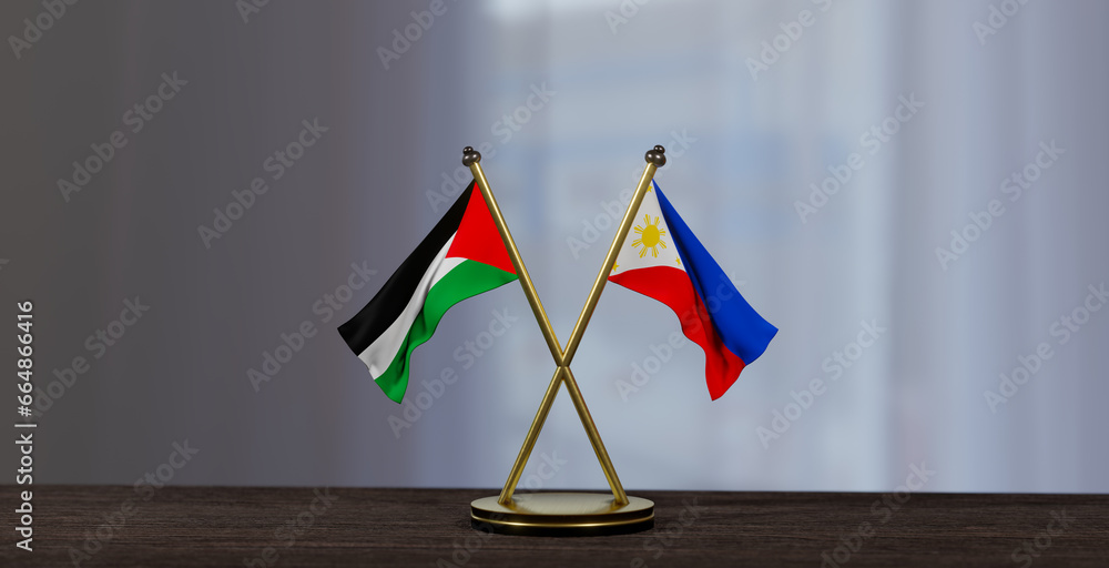Palestine and Philippines flags on table. Negotiation between ...