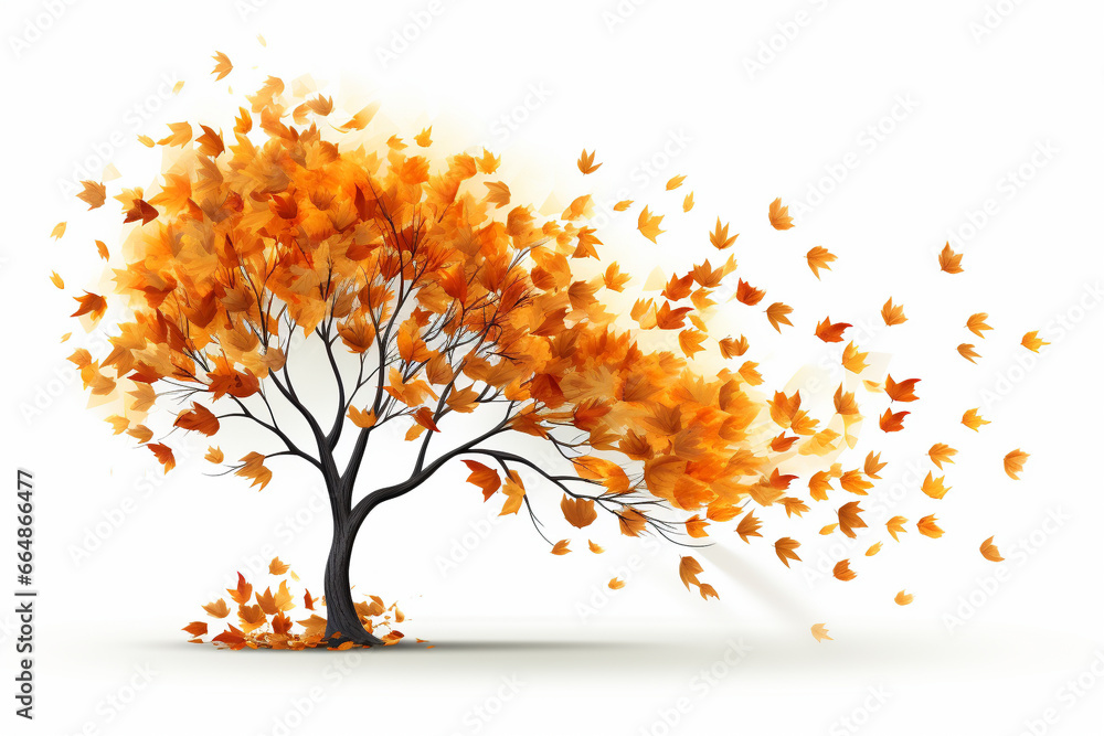 Serene beauty of an autumn tree as golden leaves rustle in the wind ...