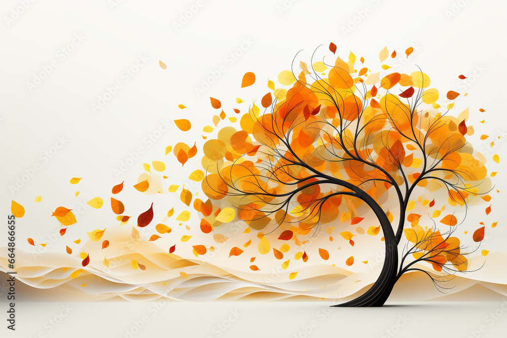 Serene beauty of an autumn tree as golden leaves rustle in the wind ...