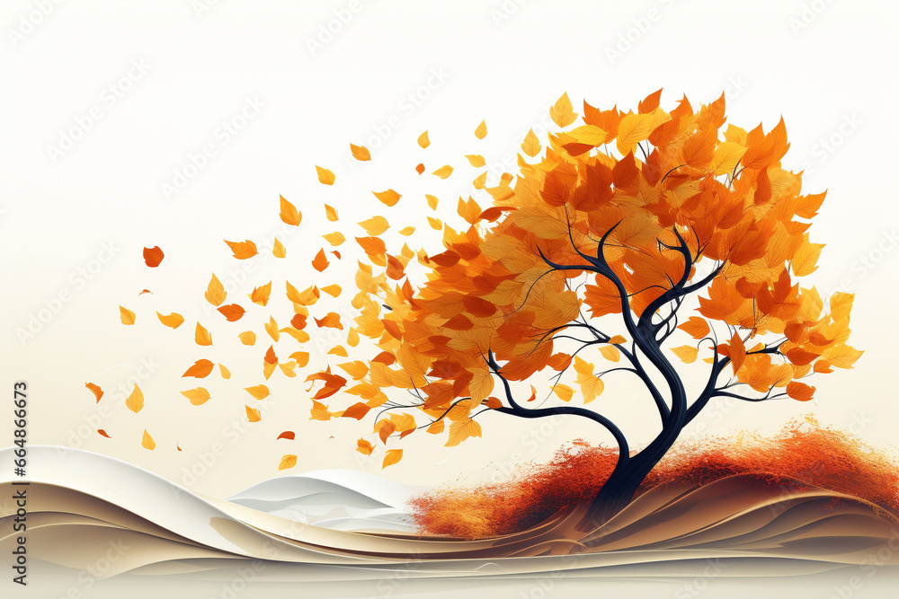 Serene beauty of an autumn tree as golden leaves rustle in the wind ...