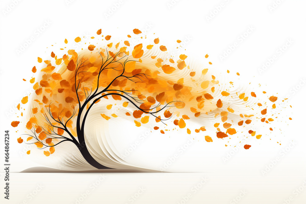 Serene beauty of an autumn tree as golden leaves rustle in the wind ...