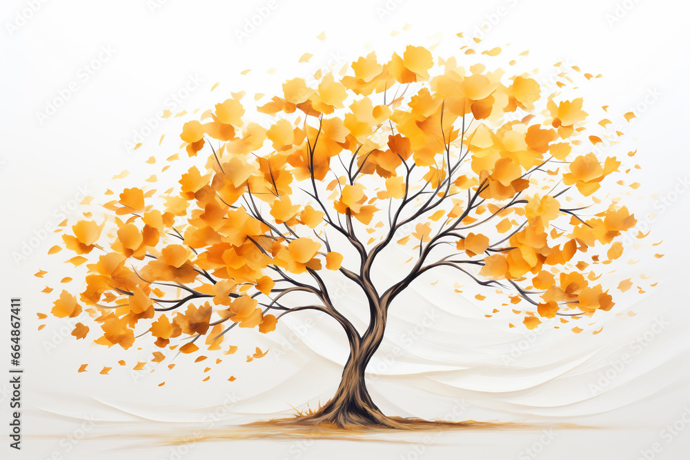Serene beauty of an autumn tree as golden leaves rustle in the wind ...