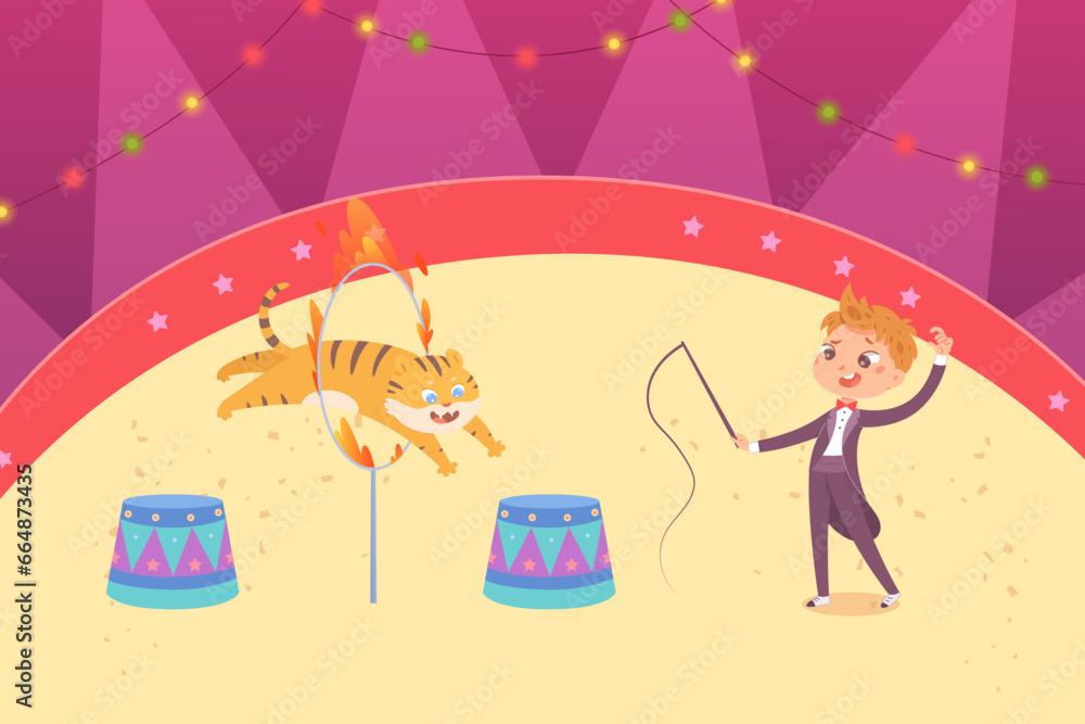 Circus performance of tiger jumping through ring with fire and trainer ...