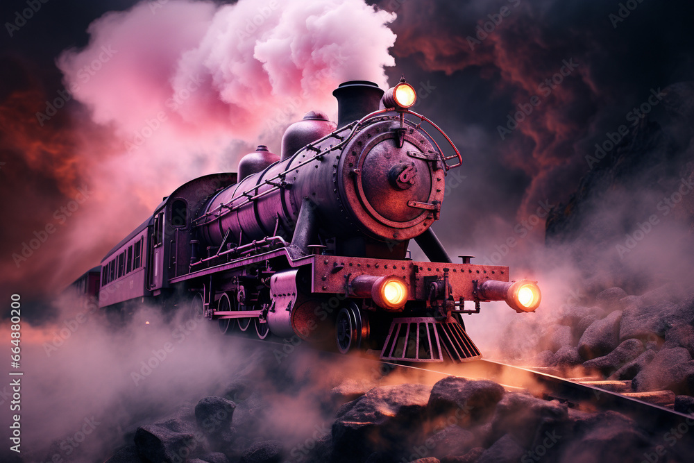 Vintage locomotive train, its engine chimney emitting a dreamy plume of ...