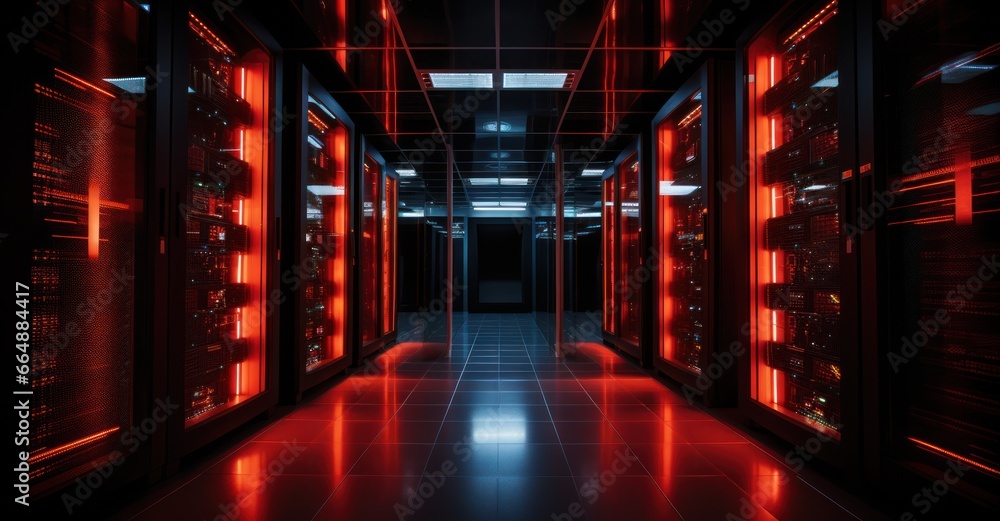 Dramatic capture of a server room with red alert lights indicating a ...