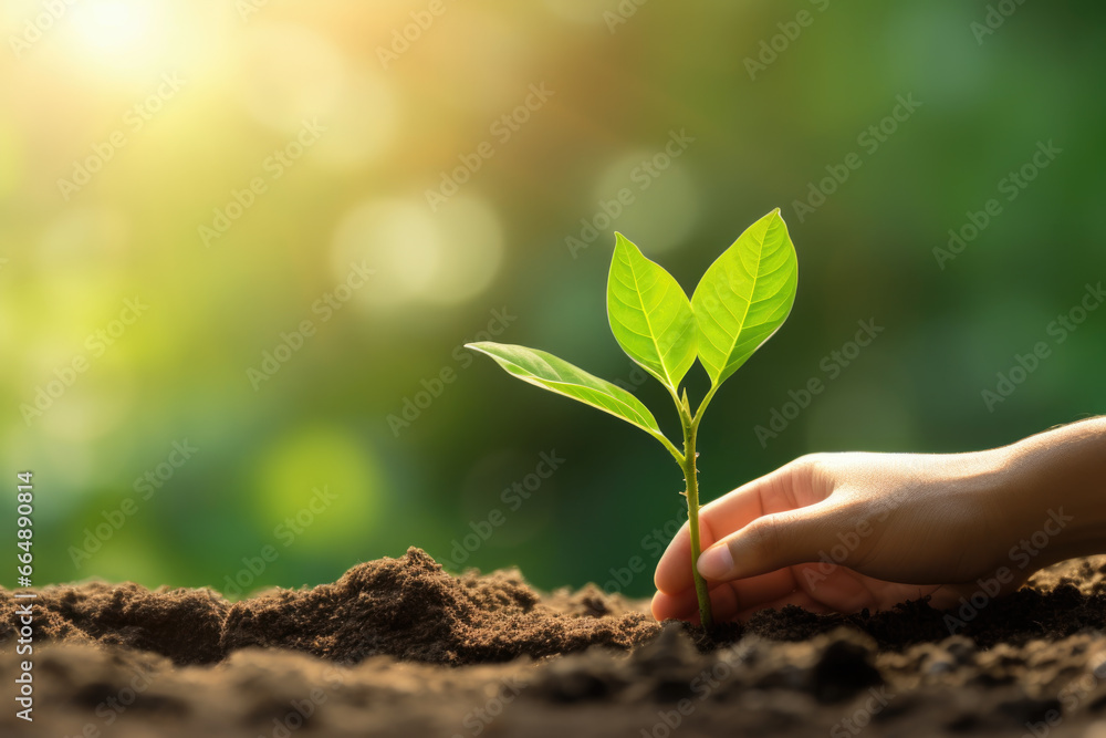 Finger touching the top of green plant in soil in forest. Seeding ...