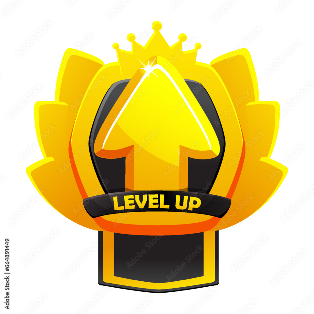 Game level up badge icon with raising arrow, crown, and shield. Winner ...